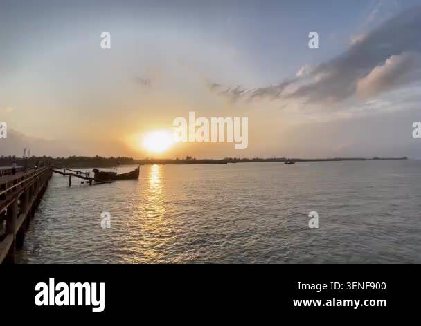 Golden Sunset Seascape with Traditional Wooden Boat and Bridge ...
