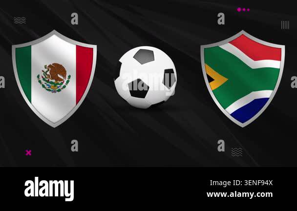 Mexican and South African flags with soccer ball on black background ...