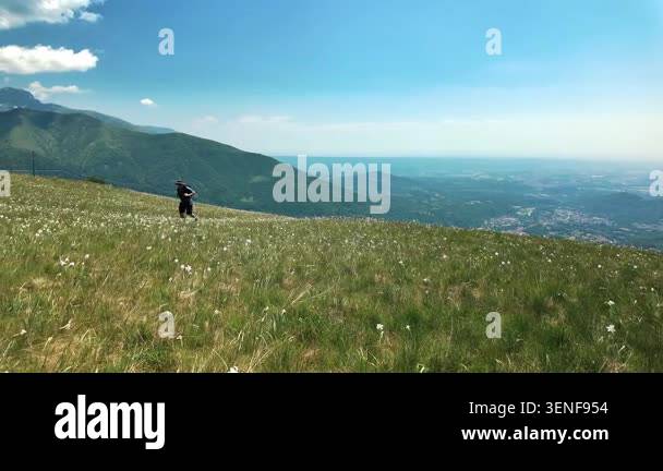 Lone traveler walking through blooming narcissus alpine meadow with ...
