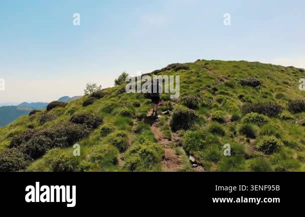 Drone shot from behind of lone hiker on top of green alpine hill ridge ...