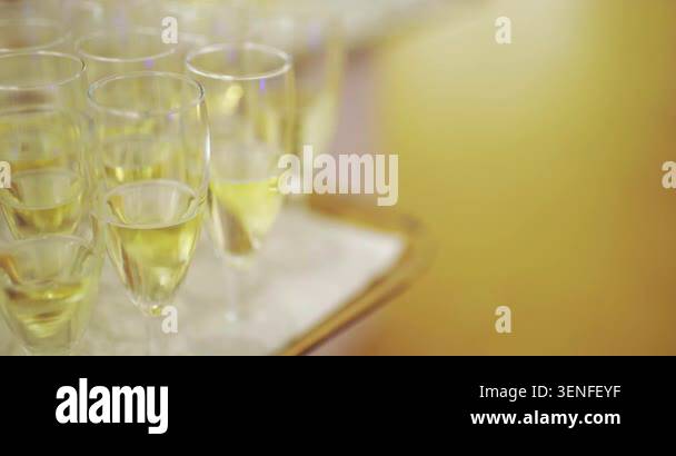 Several filled champagne flutes rest on a serving tray in soft warm ...