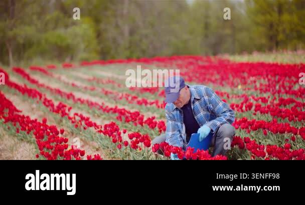 A person in a cap and plaid shirt crouches among rows of red flowers ...