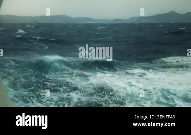 The ship in a storm at sea view from the window, high waves shake the ...