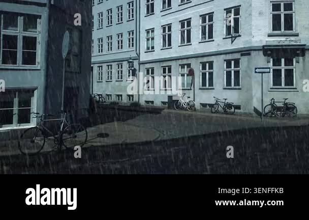 City Animation thunderstorm against the backdrop of houses and bicycles ...