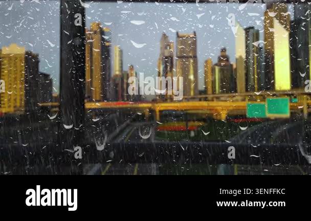 City Animation Rain against the backdrop of a beautiful metropolis city ...