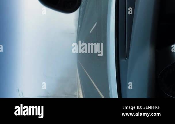 Travelling by Car on an Autumn Highway in Thick Fog - Driving Along the ...