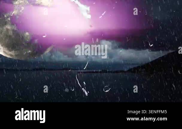 Animation of a thunderstorm with lightning in the sky, a large moon in ...