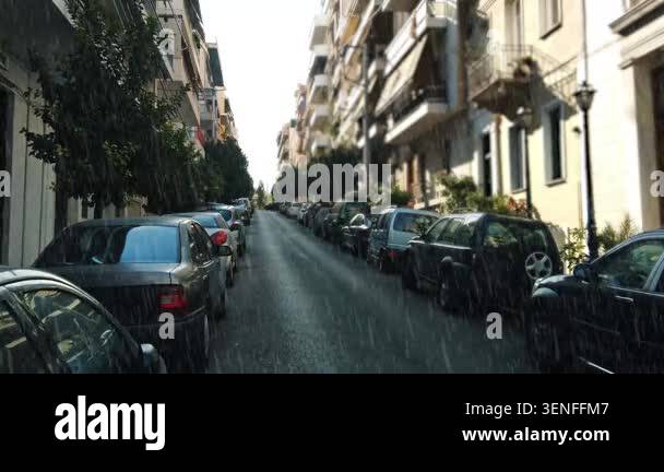 City Animation thunderstorm against the backdrop of houses and parked ...