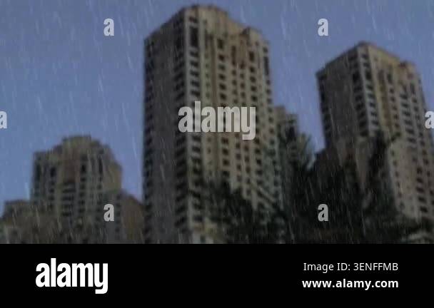 City thunderstorm Animation, rain against the backdrop of a metropolis ...