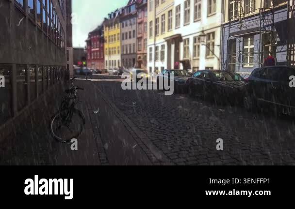 Animation Rain on a city street with a bicycle in the background ...