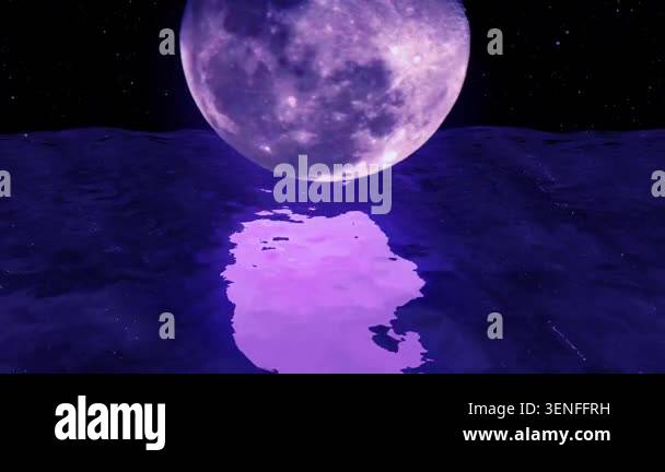 Animation of a galaxy with a huge moon over water, blue neon color ...