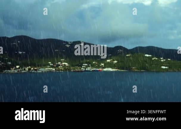 Tropical Animation rain on the island, lightning in the rain sky ...