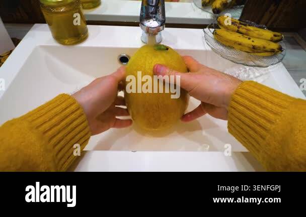 Wash melon under the water tap, top view. Male hands wash melon fruit ...