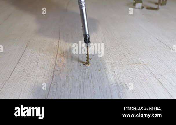 Screwing a screw into a board with a Phillips screwdriver. A worker ...