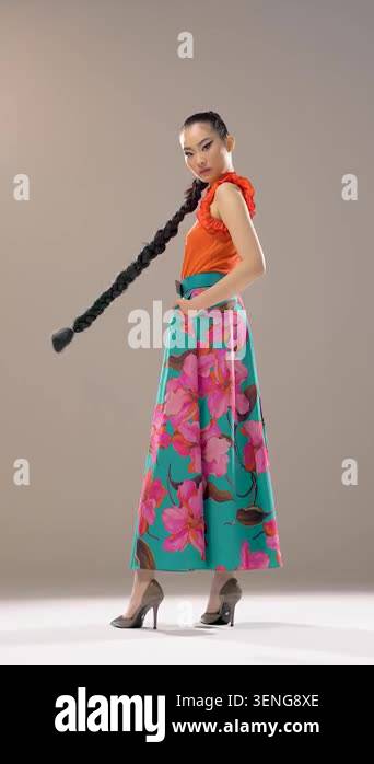 Asian Model Orange Ruffle Teal Floral Maxi Skirt Braided Hair Studio ...