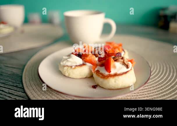 cozy morning breakfast with homemade cottage cheese topped with fresh ...
