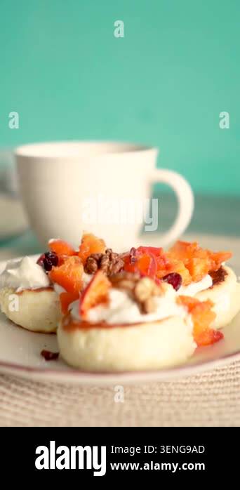 cozy morning breakfast with homemade cottage cheese topped with fresh ...