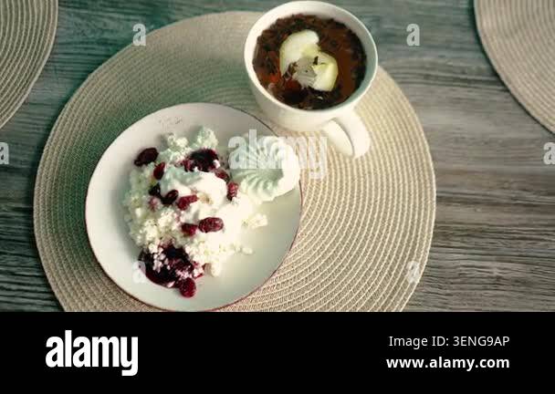 Healthy Cottage Cheese Breakfast with Cranberries and Tea Stock Video ...