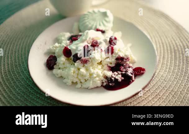 Healthy Cottage Cheese Breakfast with Cranberries and Tea Stock Video ...