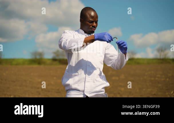 Young scientist in a lab coat and sterile gloves putting a soil sample ...