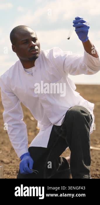 Focused african american male agronomist in a lab coat and gloves ...