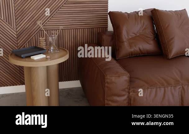 A realistic interior space showcases a leather sofa paired with a round ...