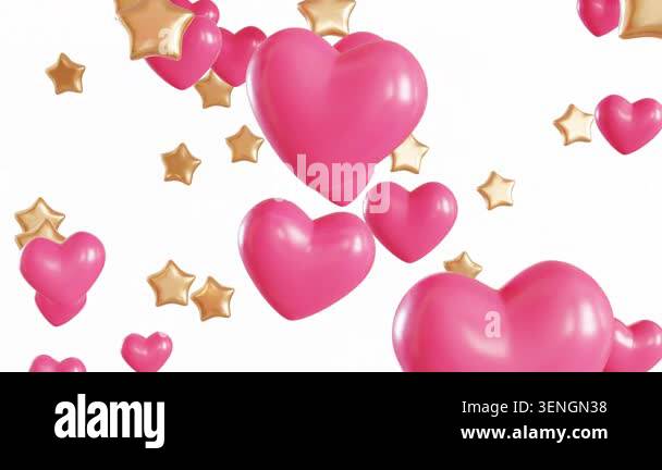 Hearts and stars fall down in a bright display. This 3D animation ...