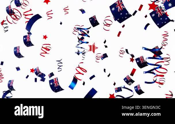 Confetti in red, blue, and white falls down while featuring the ...