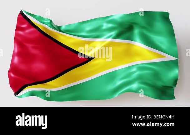 The national flag of Guyana is shown in a 3D animation. The flag waves ...