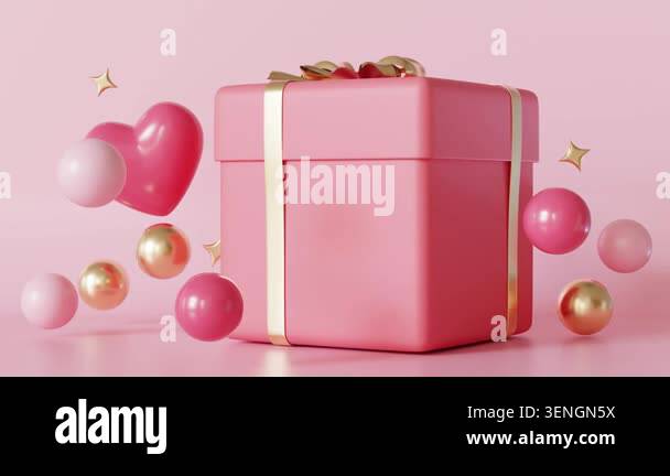 A pink gift box rotating in 3D animation. Valentines Day Womens or ...