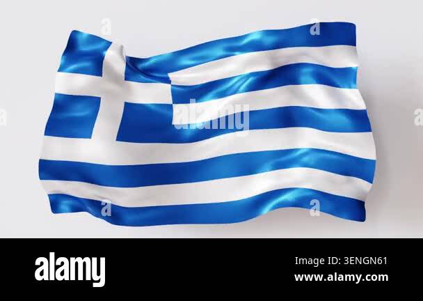 A 3D animation shows the Greek national flag waving. The flag moves ...