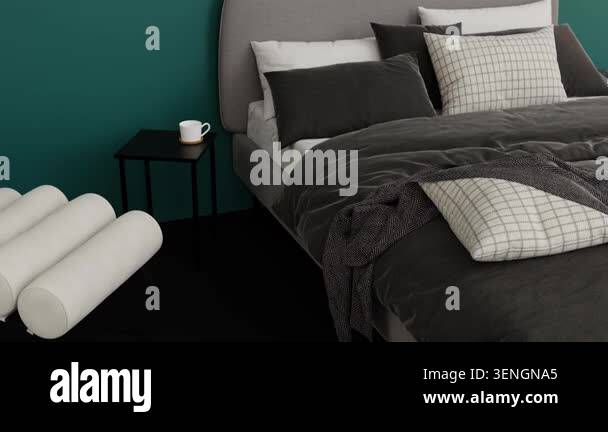 A 3D animation shows a dark bedroom with a bed covered in pillows and a ...