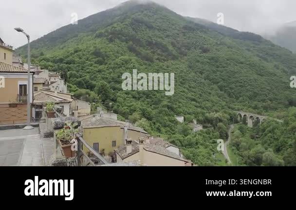 Panoramic view of Pettorano sul Gizio, a medieval town in the Abruzzo ...