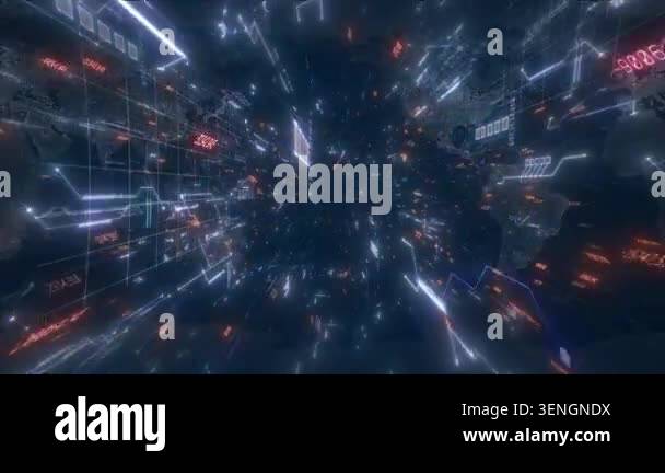 Abstract animation flying through a futuristic digital world map ...