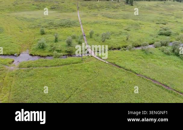Aerial drone footage follows lone hiker walking along wooden boardwalk ...