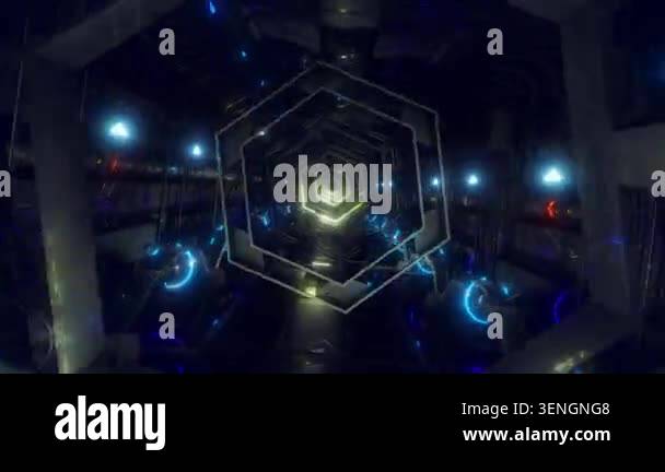 Seamless loop animation of flying through a futuristic hexagonal tunnel ...