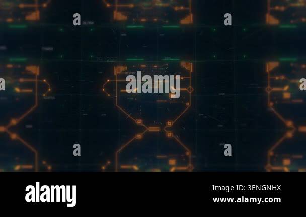 Animated digital grid with glowing circuit lines. Data streams evolve ...