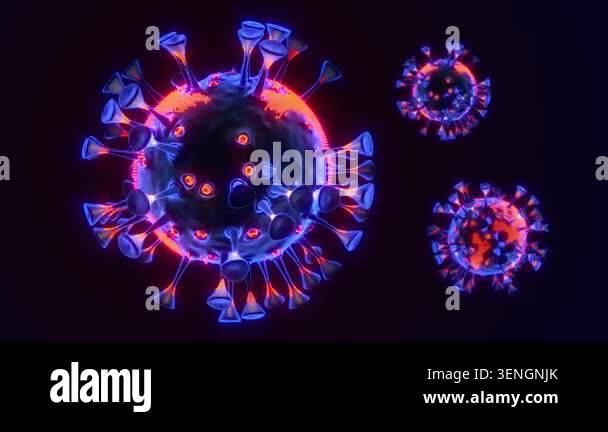 Stylized coronavirus cell rotates, showing a glowing world map on its ...
