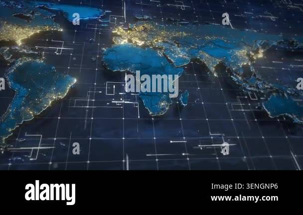 Seamlessly looping animation of a digital world map. Glowing city ...
