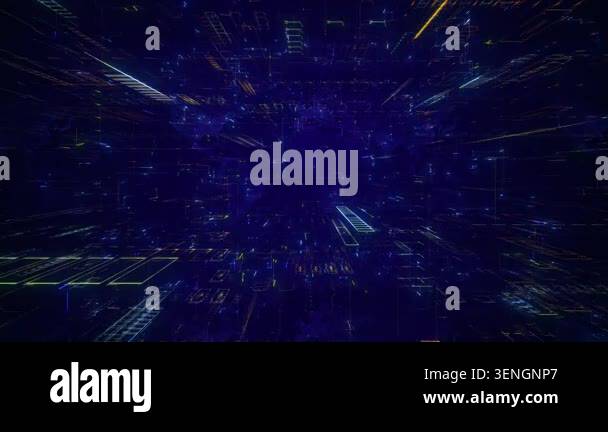 Seamless loop animation flying through a futuristic digital grid ...