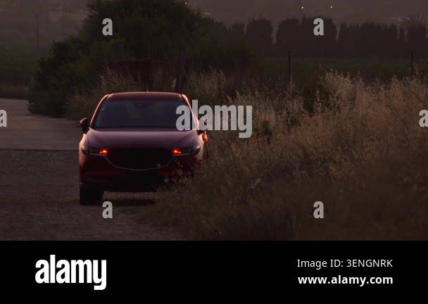 Red crossover SUV stopped on a narrow dirt track in deep twilight with ...