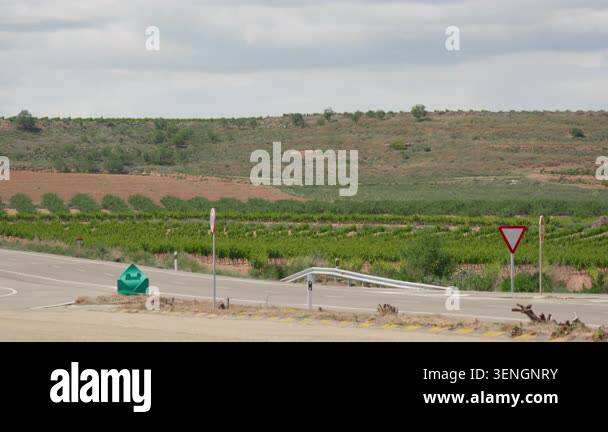 Quiet rural road junction with yield sign borders rows of green ...