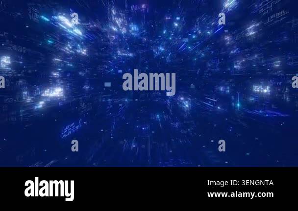Seamless loop of flying through a futuristic digital matrix. Glowing ...