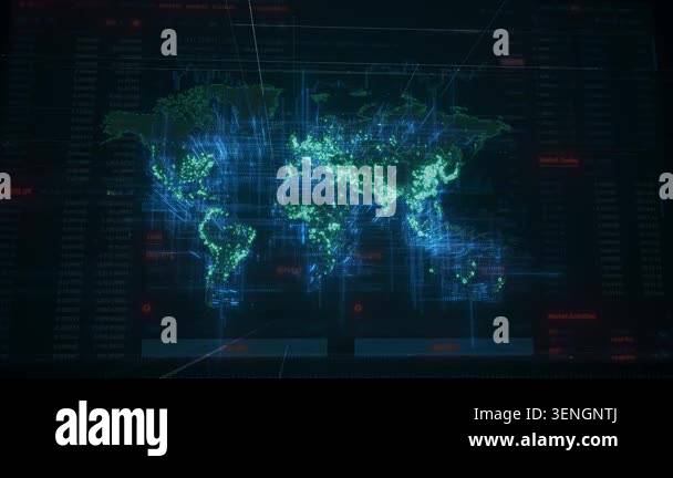 Animated digital world map with glowing nodes showing global network ...