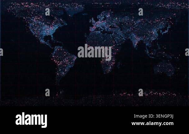 Animated world map with glowing blue network connections. Red data ...