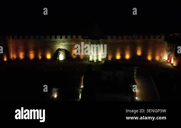 Drone footage of an illuminated castle at night Stock Video Footage - Alamy