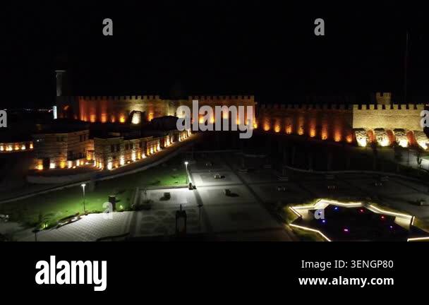 Drone footage of an illuminated castle at night Stock Video Footage - Alamy