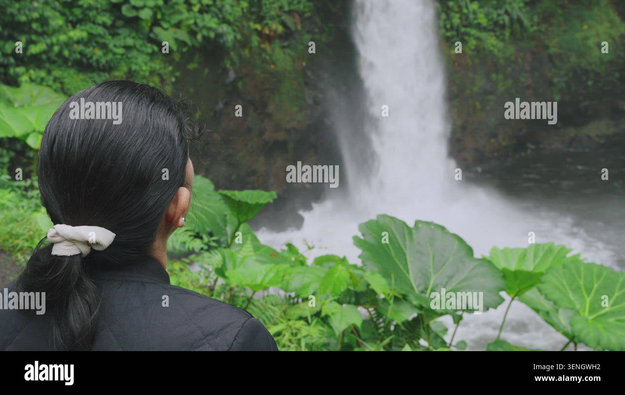 Woman admiring a tropical waterfall in a lush jungle Stock Video ...