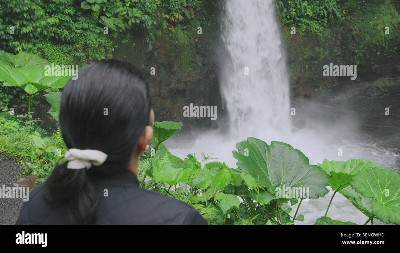 Woman admiring majestic waterfall in tropical rainforest Stock Video ...