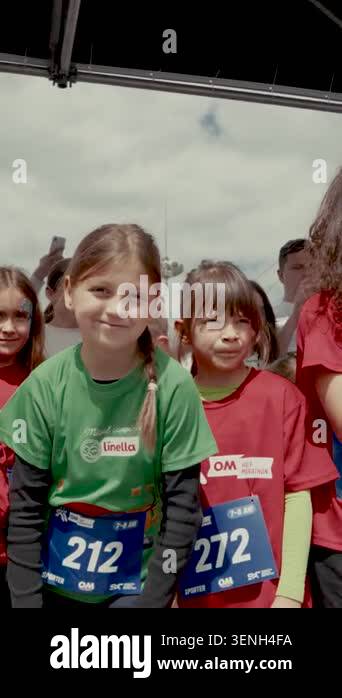 Chisinau, Moldova - June 1, 2026 Marathon. Children in bright shirts ...